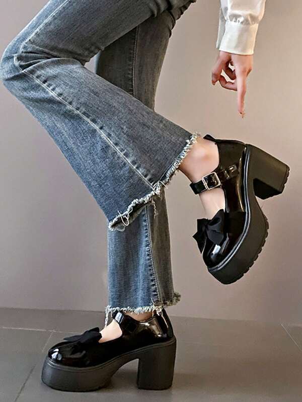 Kawaii Women Bow Decor Flatform Mary Jane Shoes Preppy Black Flatform