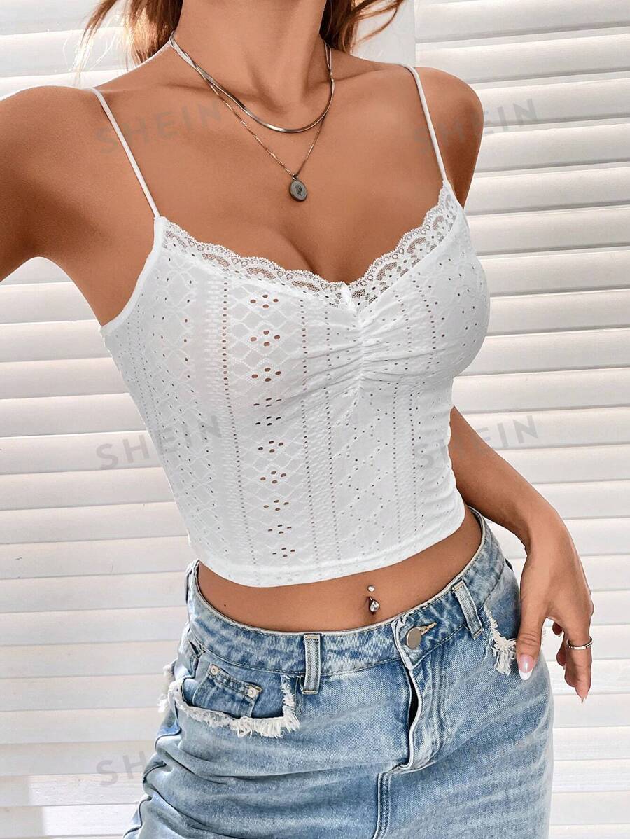 Shein Ezwear Summer Going Out Eyelet Embroidery Lace Trim Ruched Bust