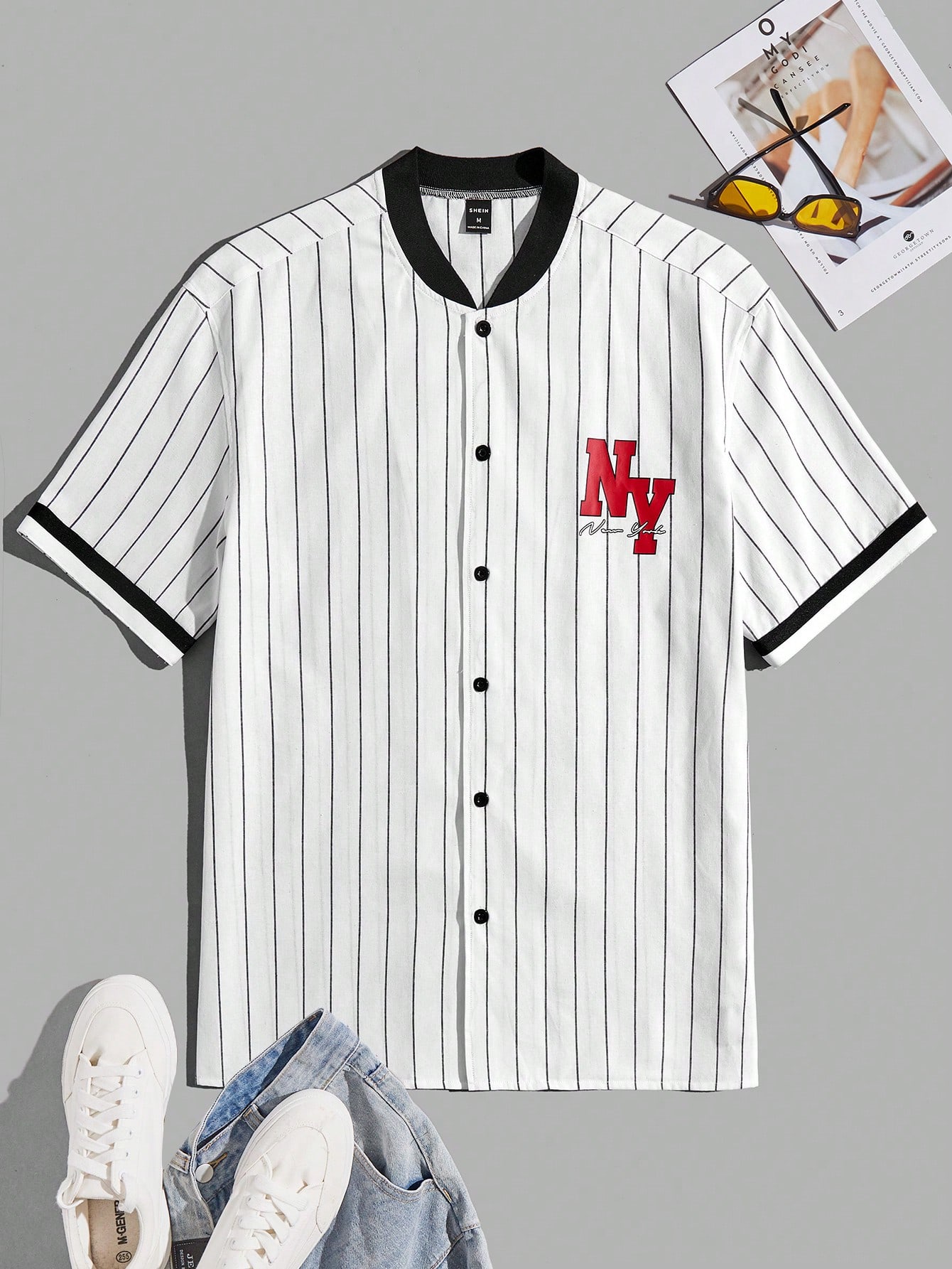 Manfinity Men Striped & Letter Graphic Baseball Collar Shirt | SHEIN USA