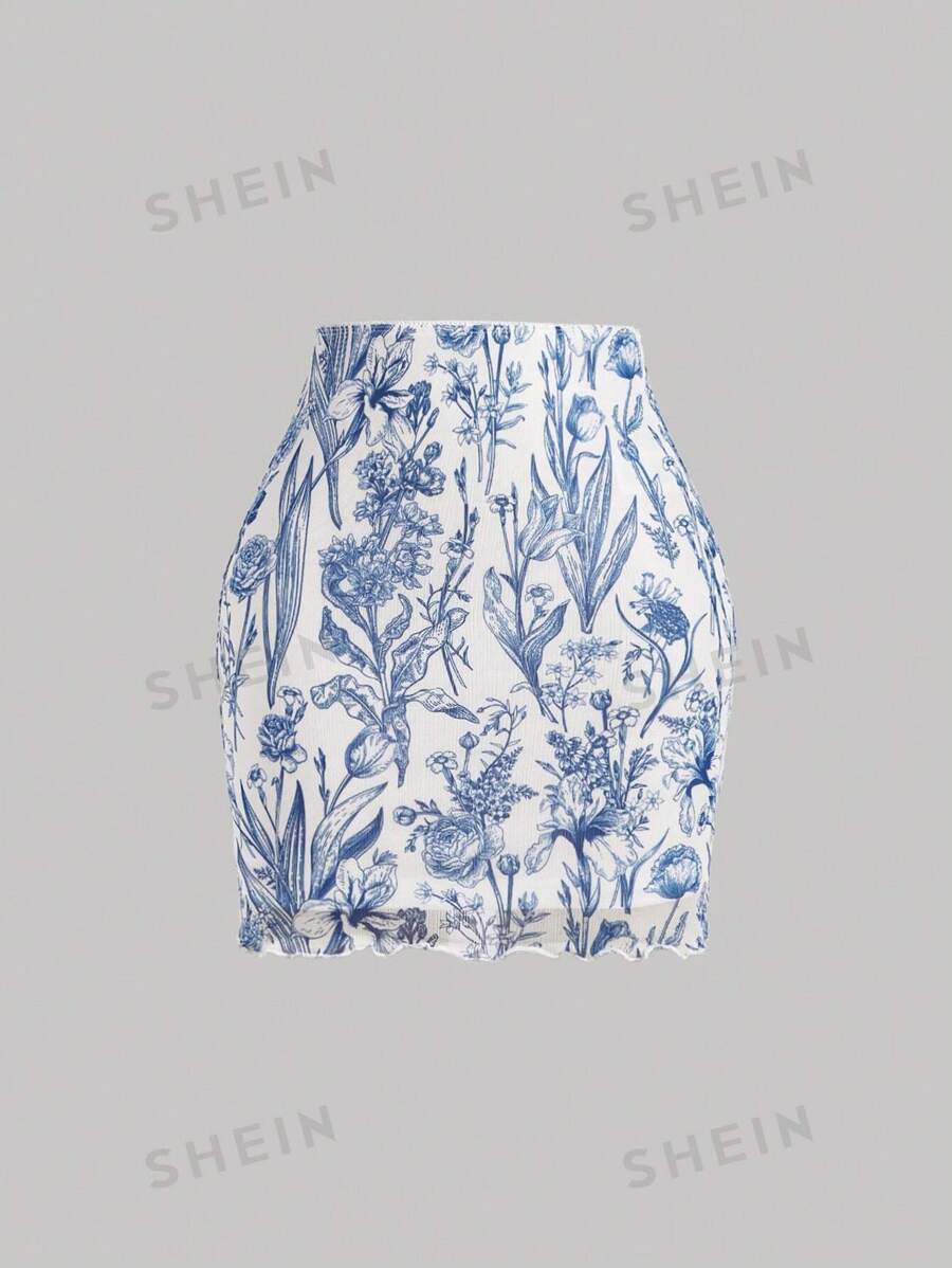 Shein Mod Floral Print Lettuce Trim Mesh Skirt Shein Usa