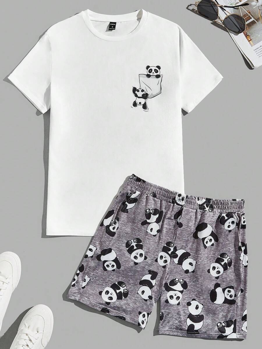 SHEIN Men Panda Print Tee & Shorts PJ Set | SHEIN USA