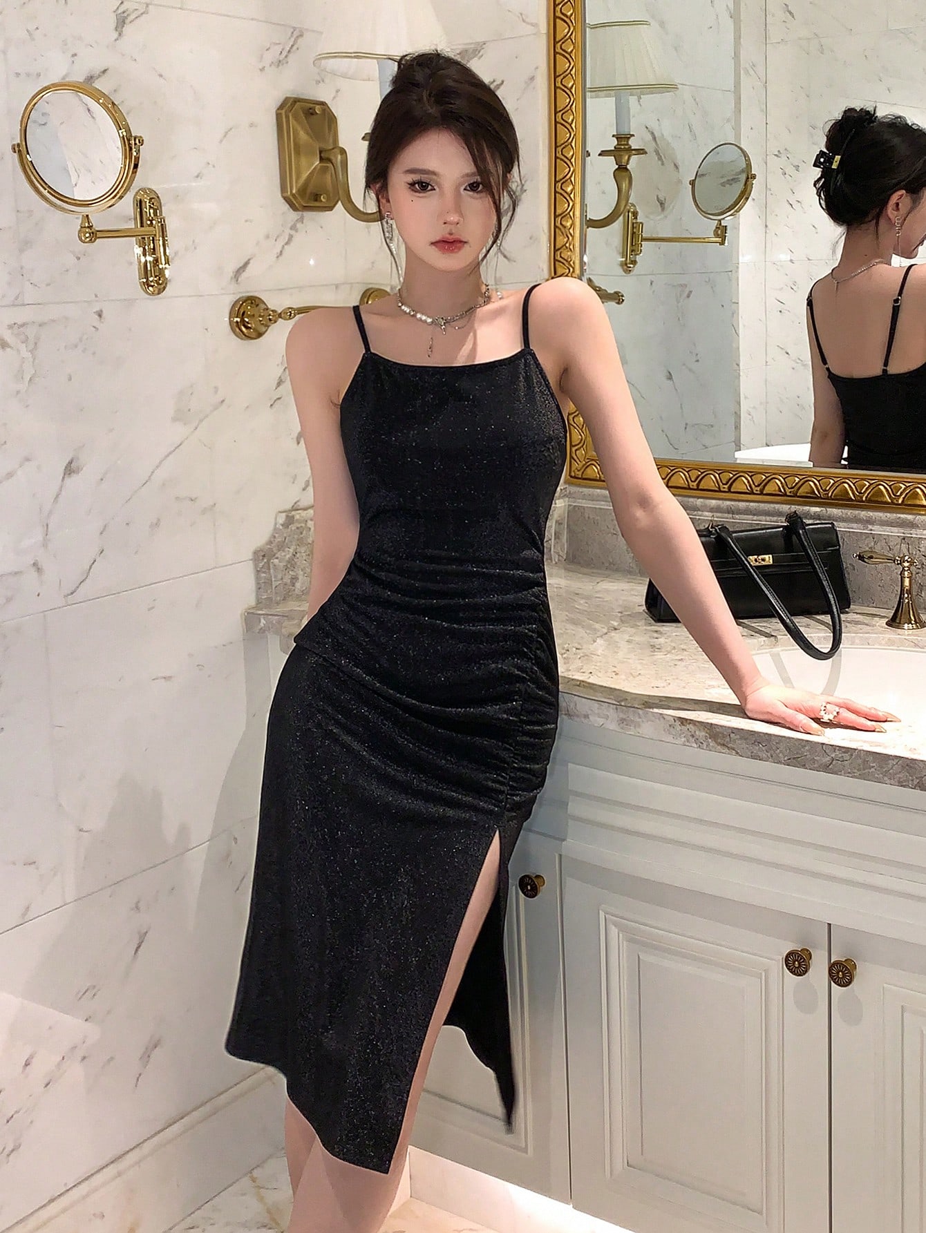 DAZY Kpop Solid Ruched Split Thigh Cami Dress | SHEIN USA