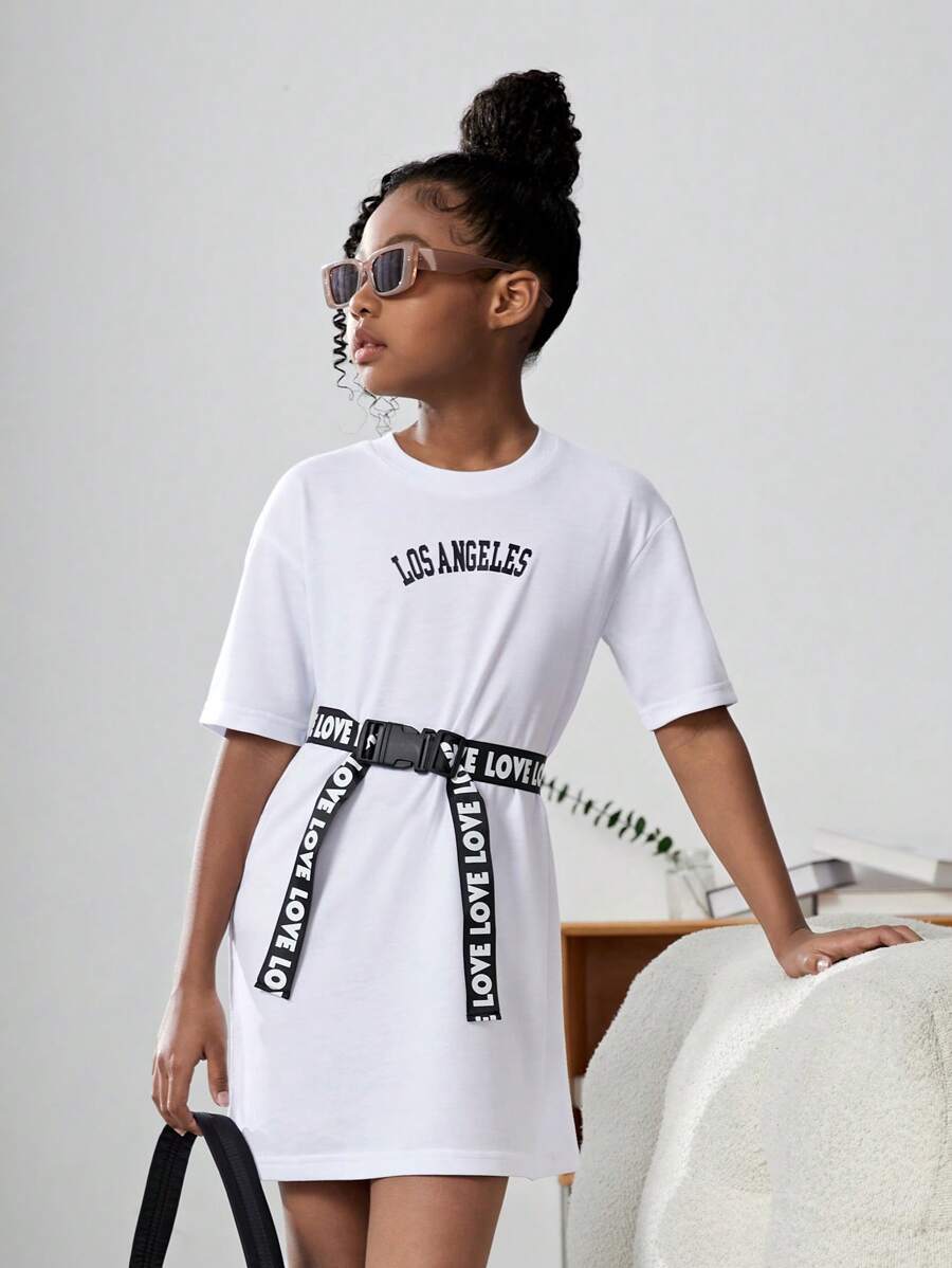 SHEIN Tween Girl White Letter Sporty Casual Mini Dress With Round ...