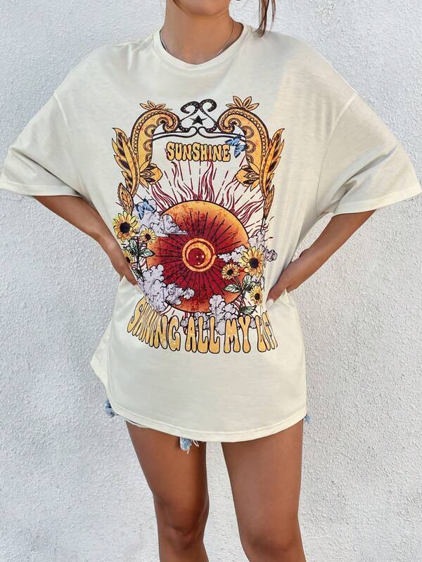 Shein Ezwear Camiseta Ombro Caído Ocidental Cowgirl Padrão De Flores