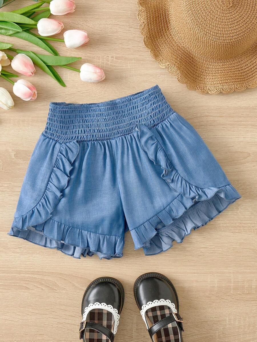 SHEIN Tween Girls' Sweet And Cute Imitation Denim Ruffle Hem Elastic ...