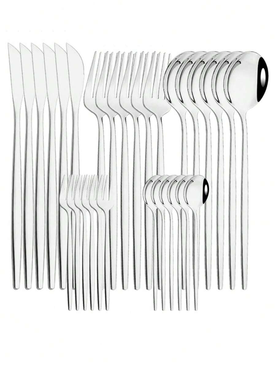 30pcs Stainless Steel Cutlery Set, Minimalist Silver Dining Set For ...