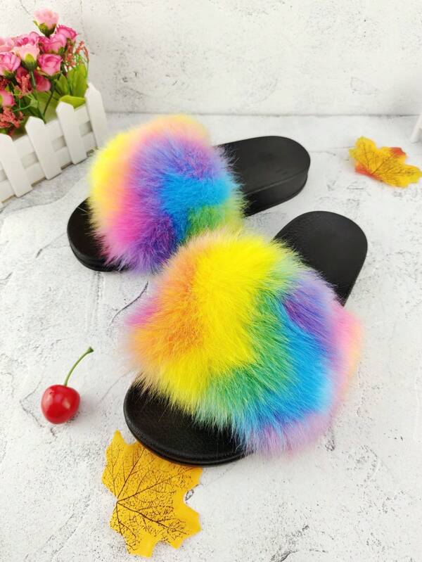 Women Colorblock Fluffy Slides, Fashion Summer Slides | SHEIN USA