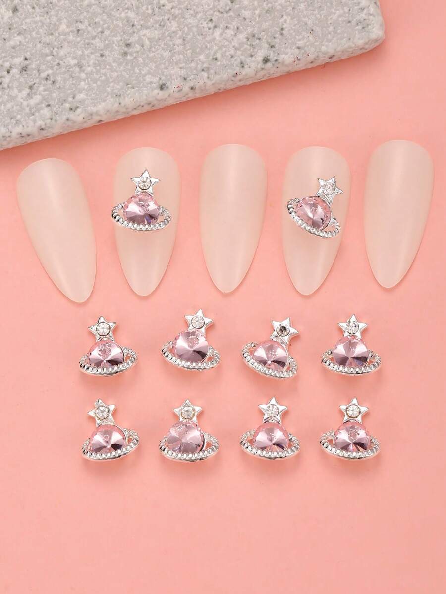 10-Pack Of Five-Pointed Heart Pink Diamond Planet Nail Charms DIY Nail ...