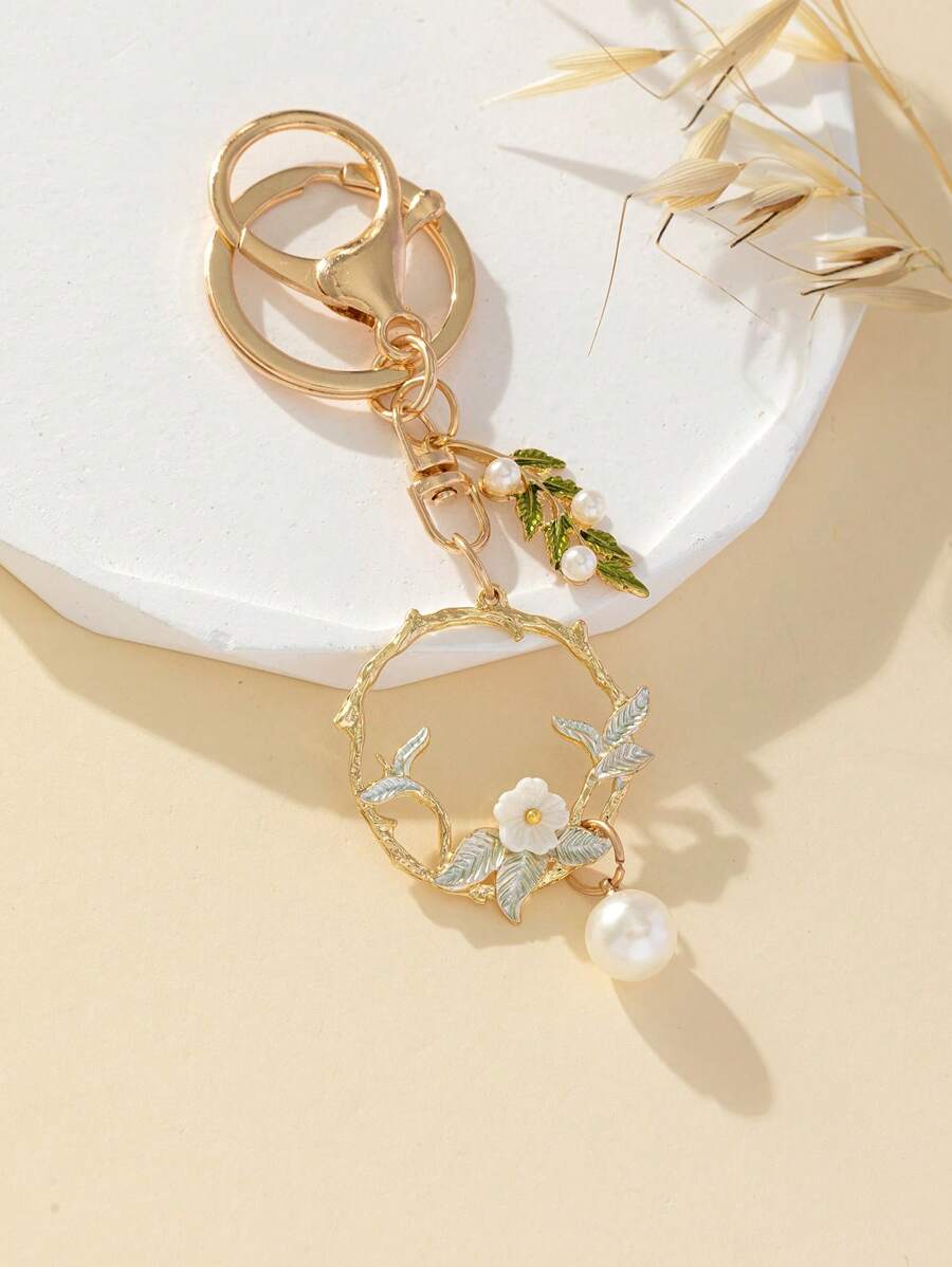 1pc Women Leaf & Faux Pearl Decor Fashionable Keychain For Key ...