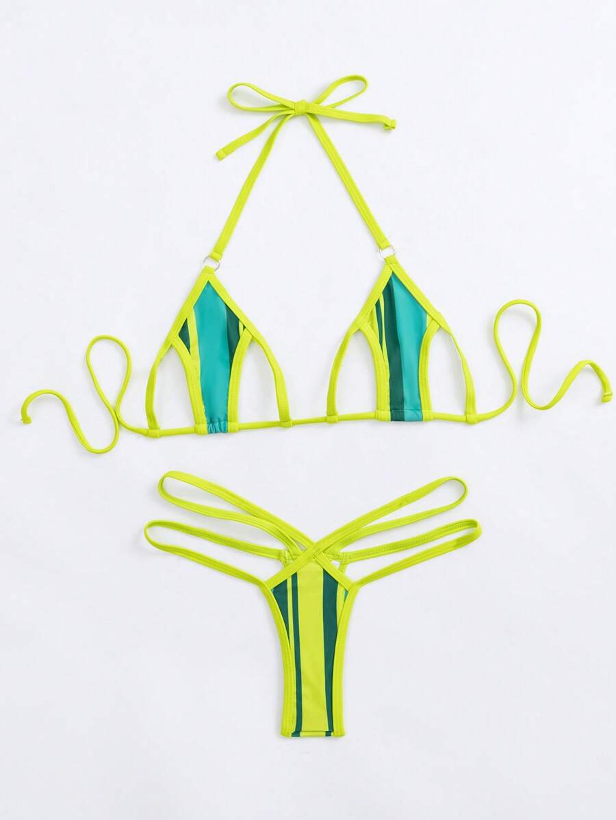 Color Block Cut Out Halter Triangle Bikini Set | SHEIN USA