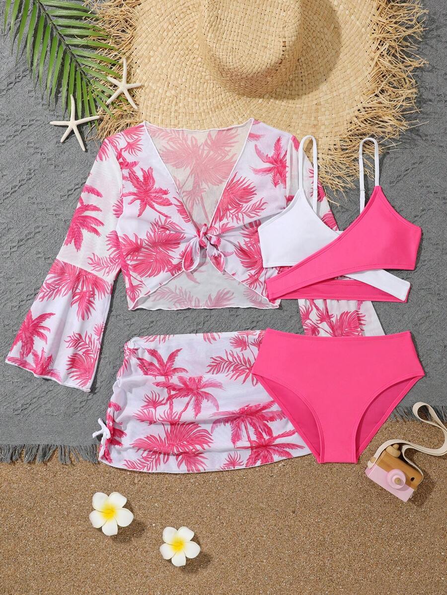 Shein Tween Girl Colorblock Bikini Set With Coconut Tree Print Cover Up