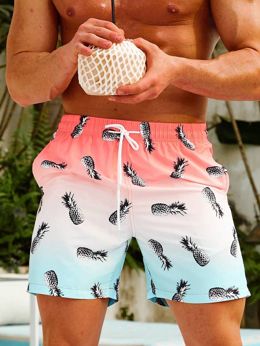 Manfinity Swimmode Men Pineapple Print Ombre Drawstring Waist Swim ...