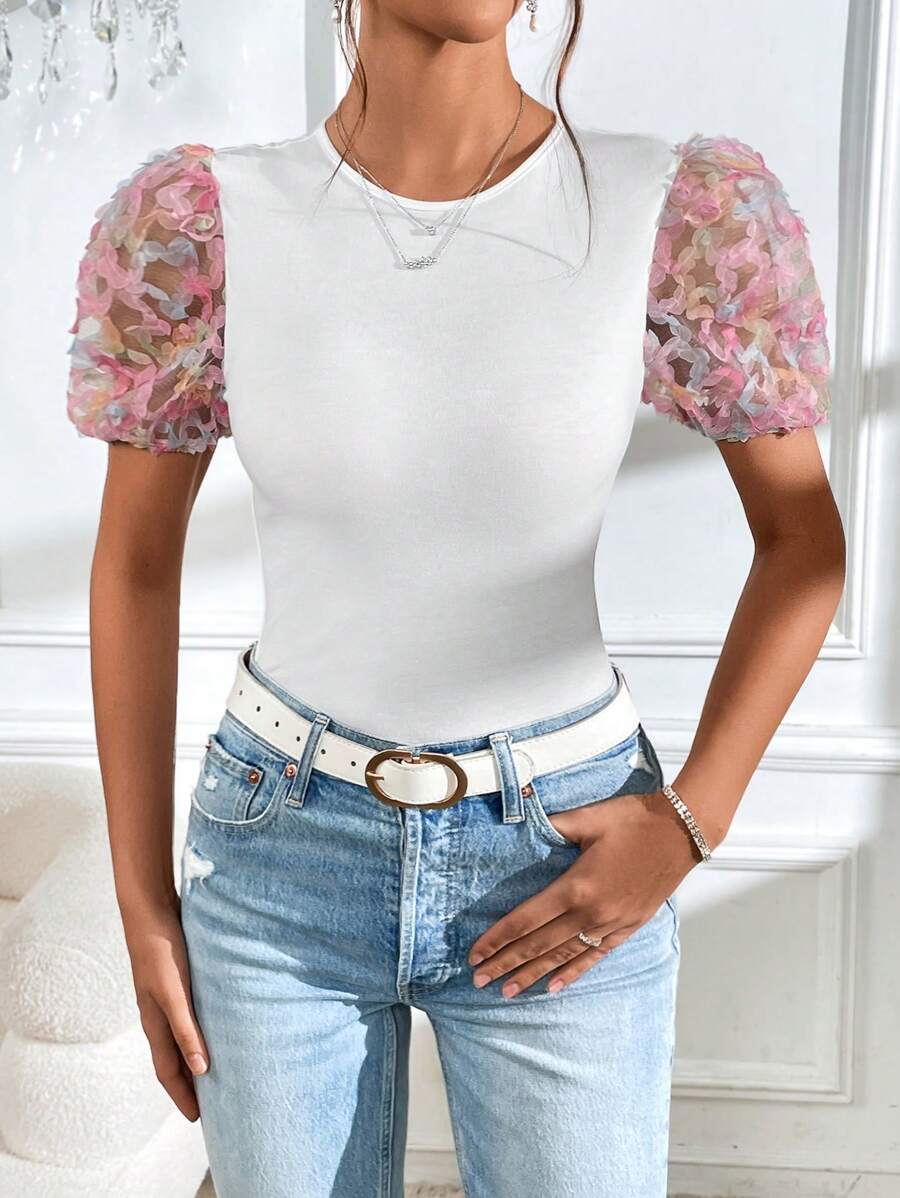 SHEIN Privé Contrast Mesh Puff Sleeve Tee | SHEIN USA