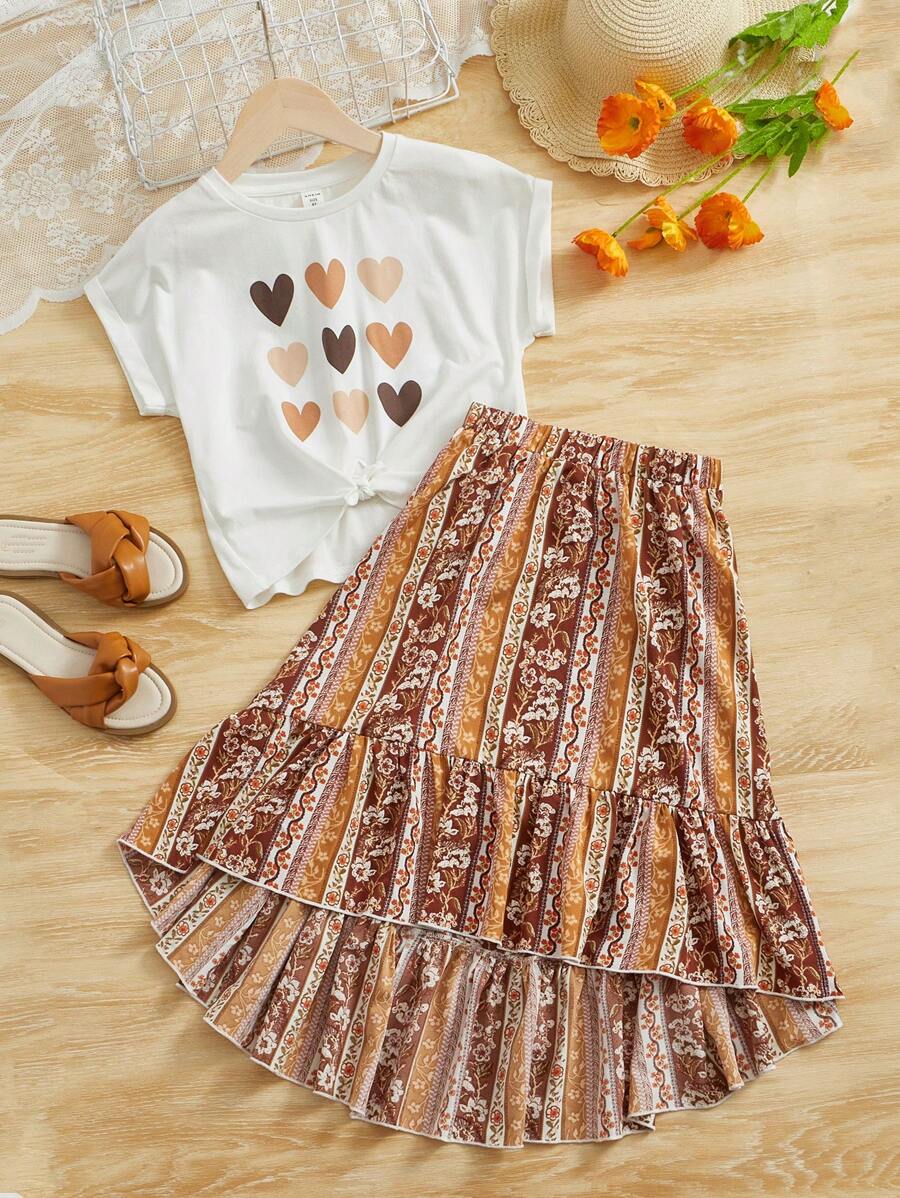 SHEIN Tween Girl Heart Print Batwing Sleeve Tee & Floral Print High Low ...