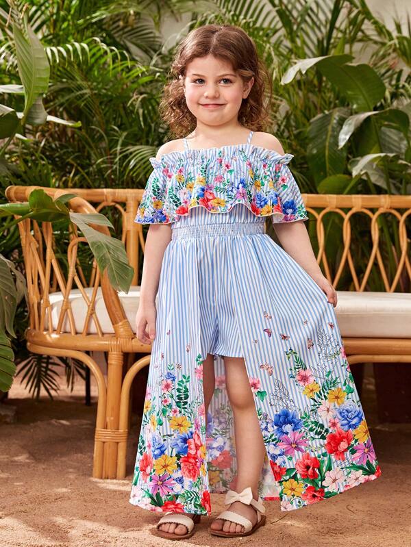 SHEIN Kids Nujoom Toddler Girls Striped & Floral Print Cold Shoulder ...