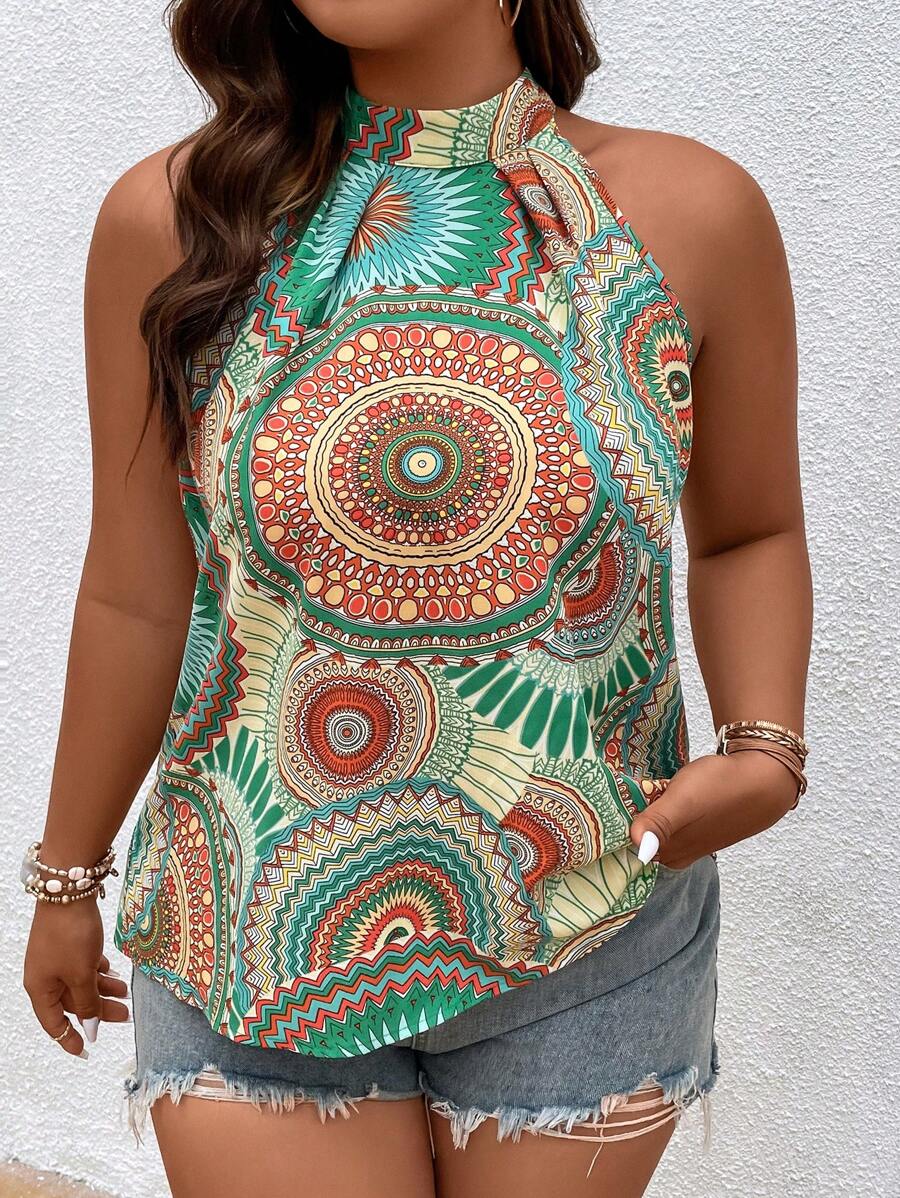SHEIN LUNE Taglie Forti Camicetta con stampa mandala con collo halter ...