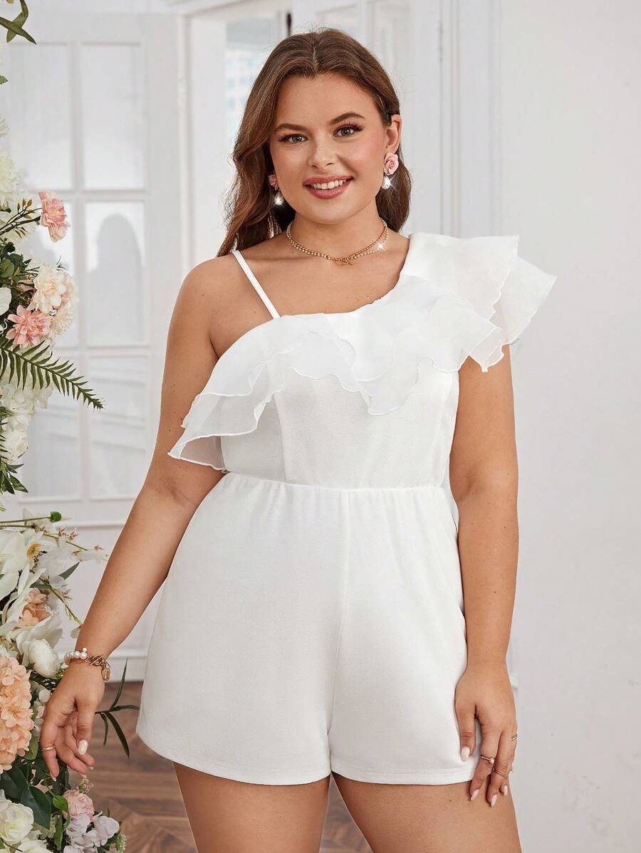 SHEIN Privé Plus Asymmetrical Neck Ruffle Trim Romper | SHEIN USA