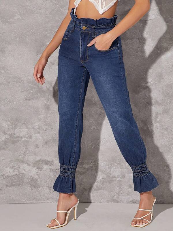 Ruffled Waistband Shirred Panel Jeans | SHEIN USA