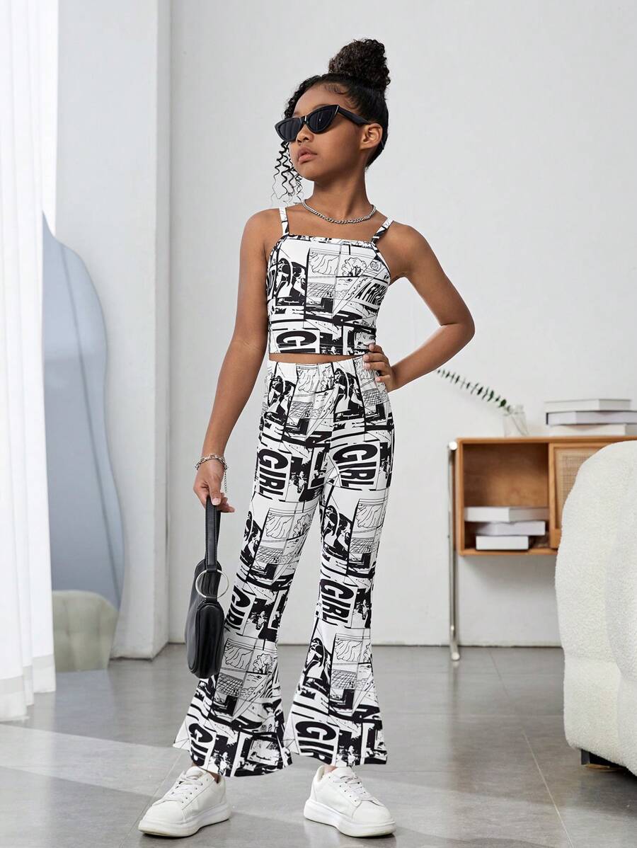 SHEIN Tween Girl Black And White Pop-Art Patterned Casual Sweet & Cool ...