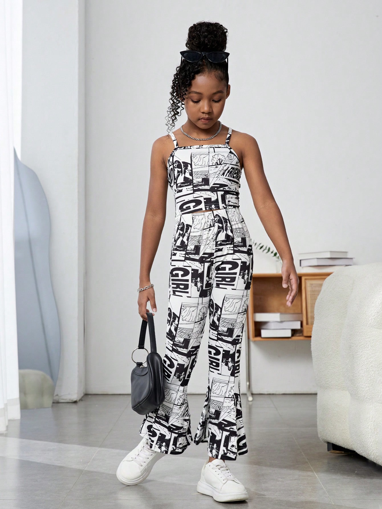 SHEIN Kids Cooltwn Tween Girl Black And White Pop-art Patterned Casual ...