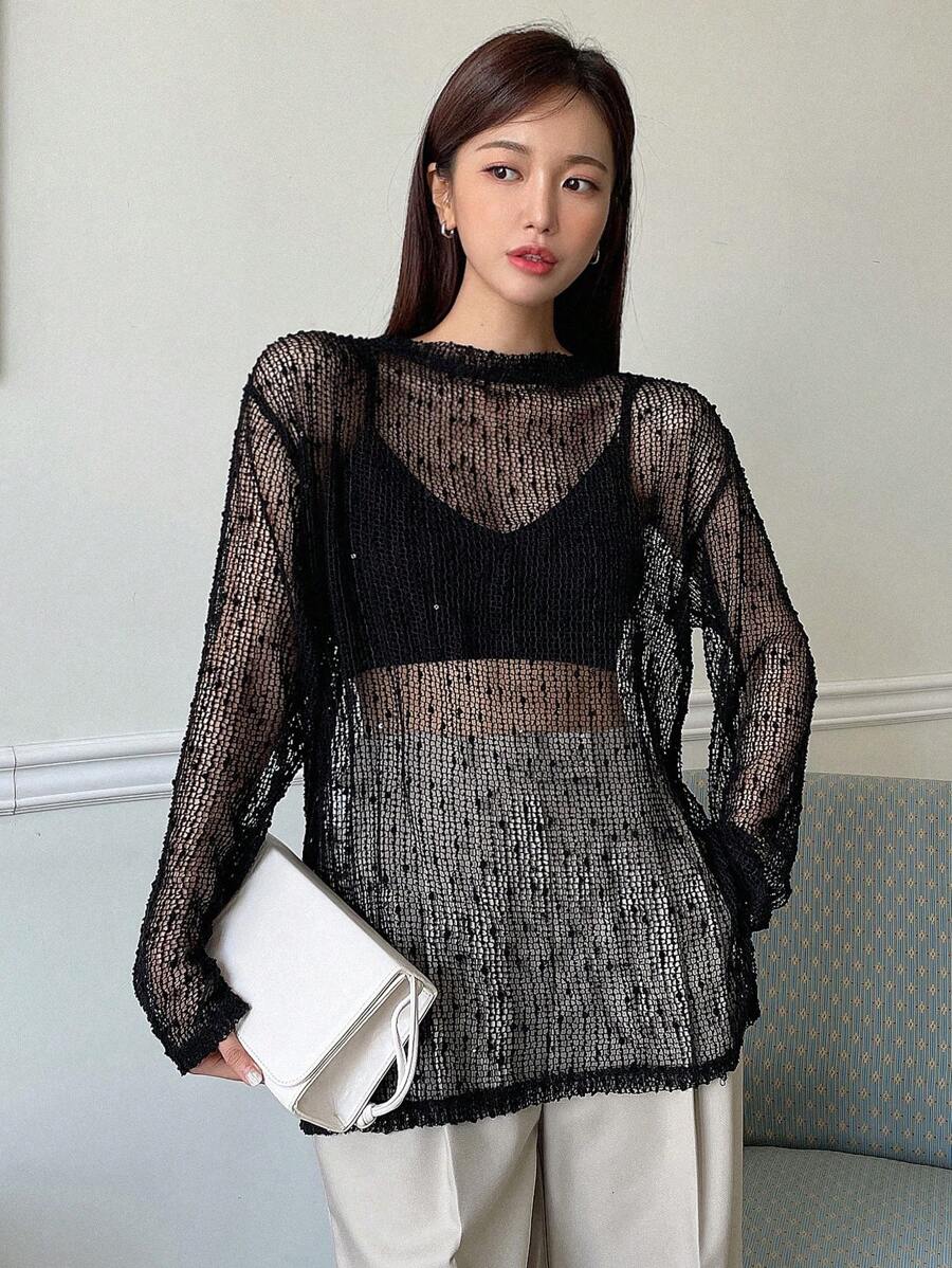 DAZY Drop Shoulder Sheer Mesh Top Without Bra | SHEIN USA