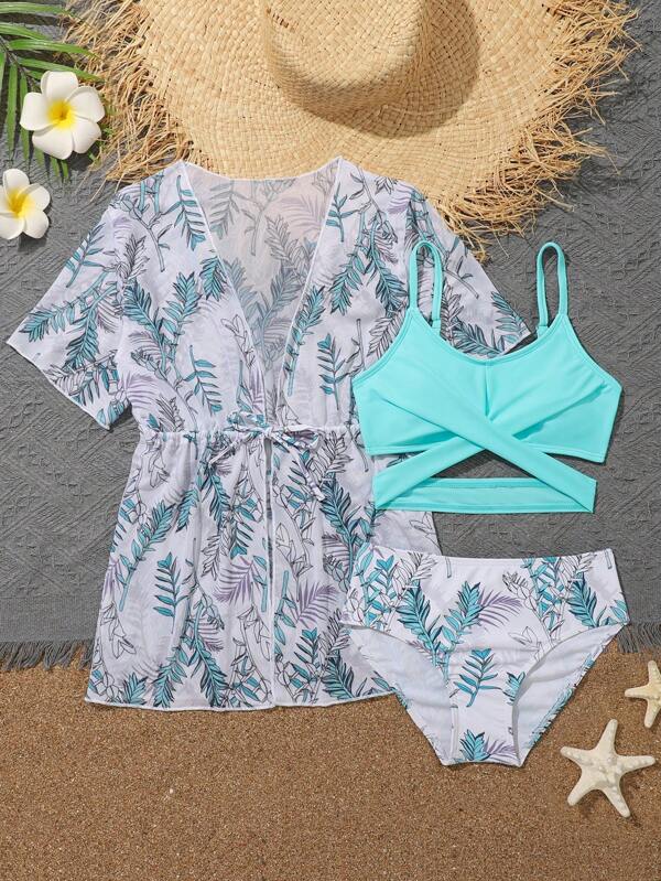 Girls Tropical Print Bikini Swimsuit With Kimono Shein Usa