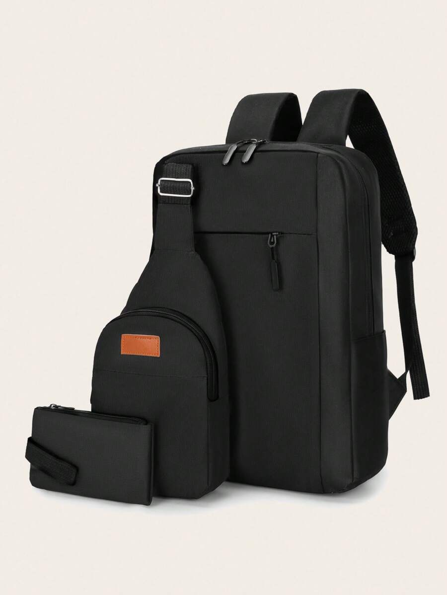 3pcs Bag Set Backpack Sling Bag Purse Black, Schoolbag For Travel ...