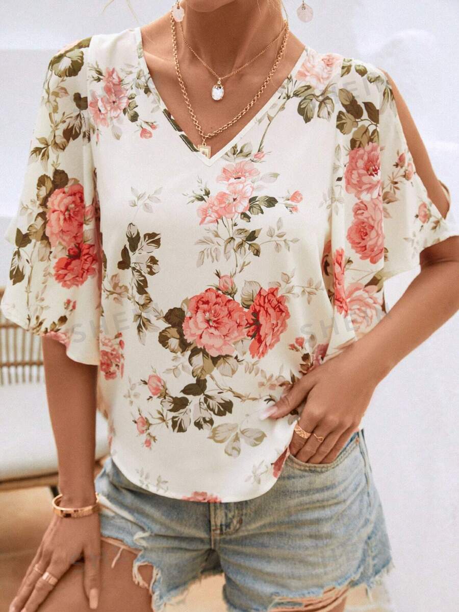 SHEIN Clasi Women's Open Shoulder Floral Printed Chiffon Loose Shirt ...