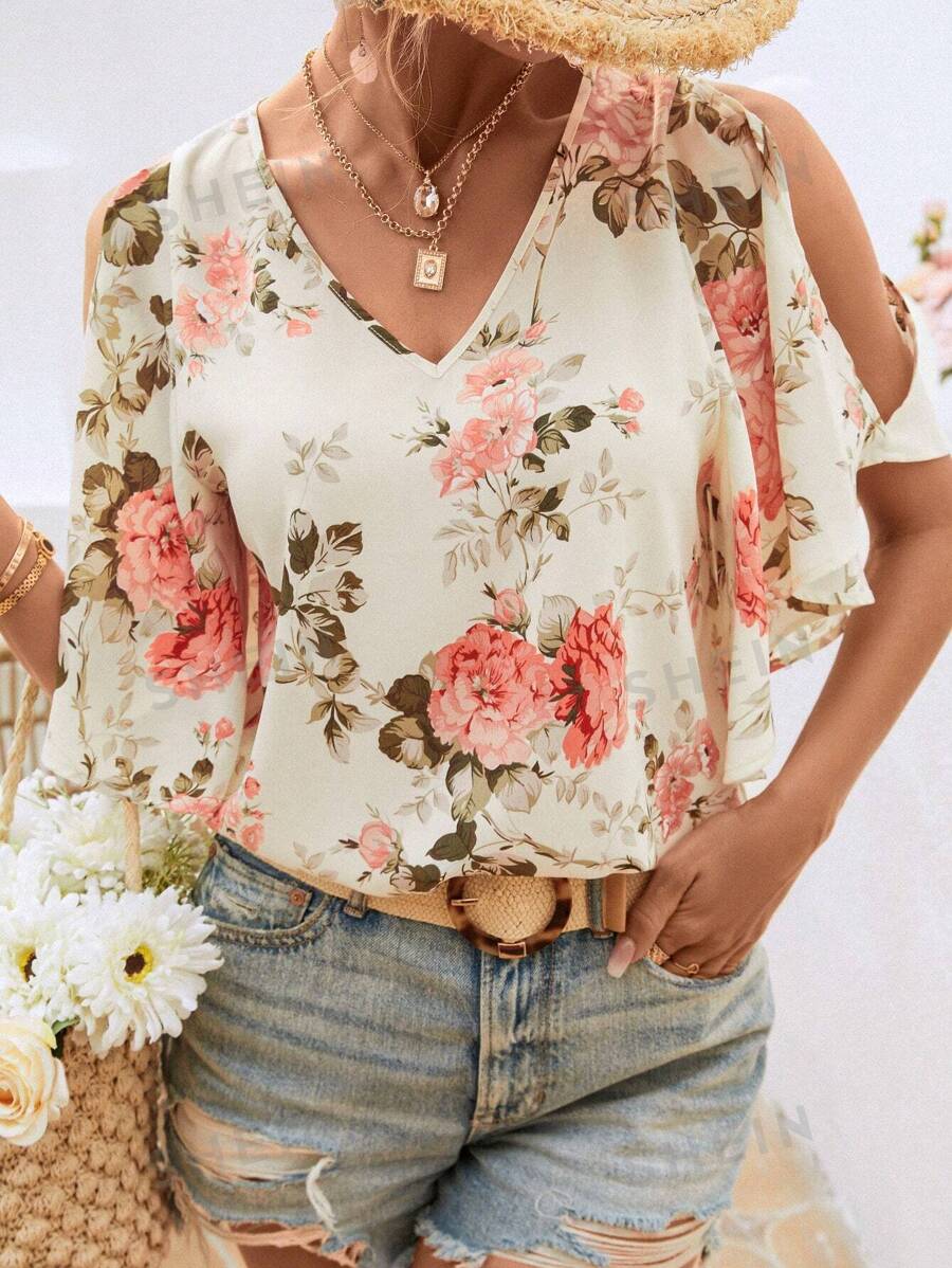 SHEIN Clasi Women's Open Shoulder Floral Printed Chiffon Loose Shirt ...