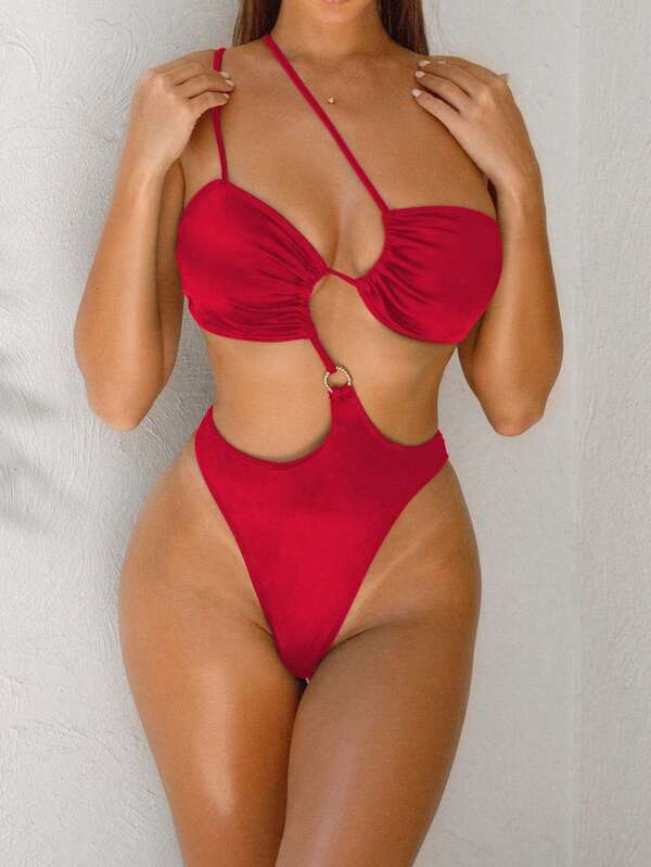 Cut Out One Shoulder One Piece Swimsuit Shein Usa