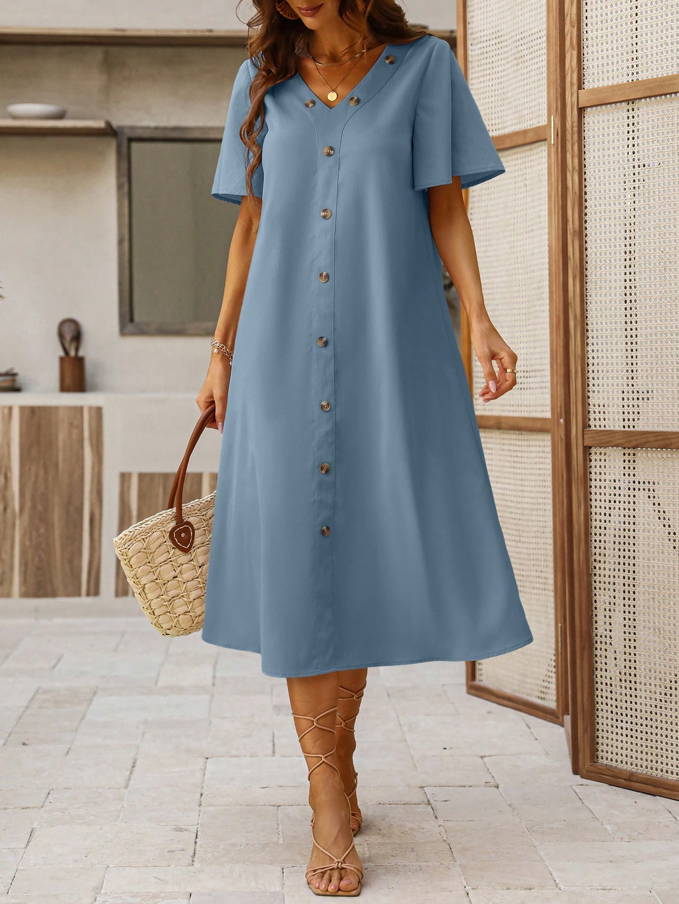 SHEIN LUNE Solid Button Front Tunic Dress | SHEIN USA