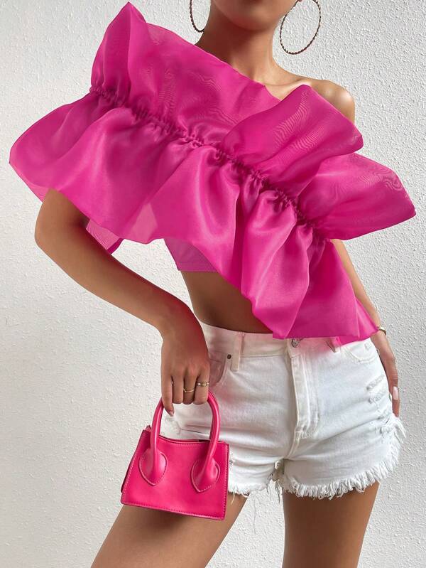 SHEIN BAE Exaggerated Ruffle Asymmetrical Neck Crop Top for Sale ...