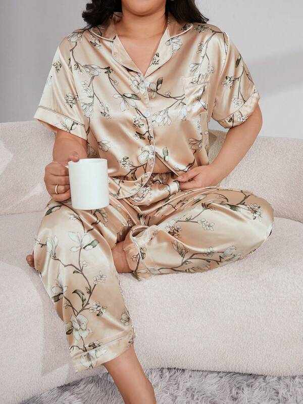 Plus Floral Print Contrast Piping Satin PJ Set | SHEIN USA