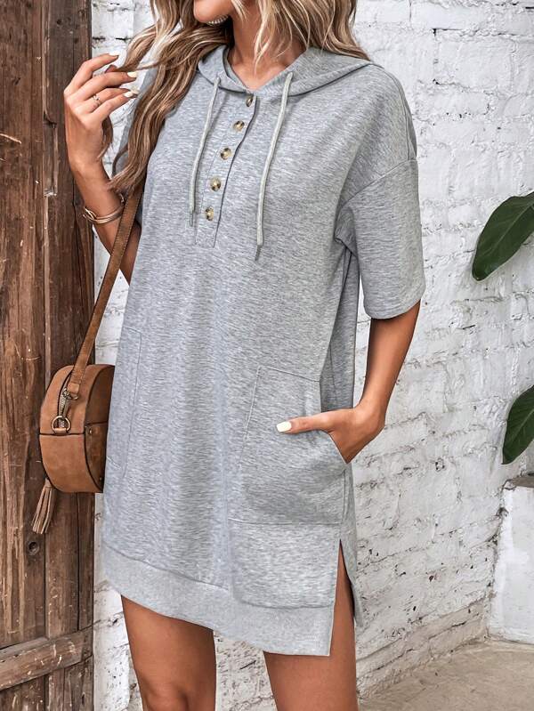 SHEIN LUNE Half Button Split Hem Drawstring Hoodie Dress | SHEIN USA