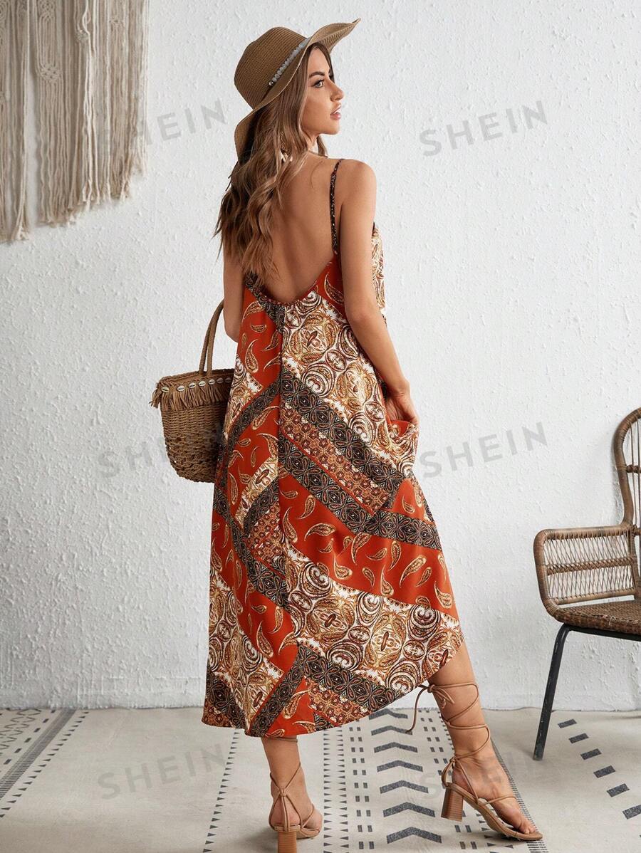 SHEIN VCAY Women Vacation Paisley Print Low Back One Piece Summer Beach ...