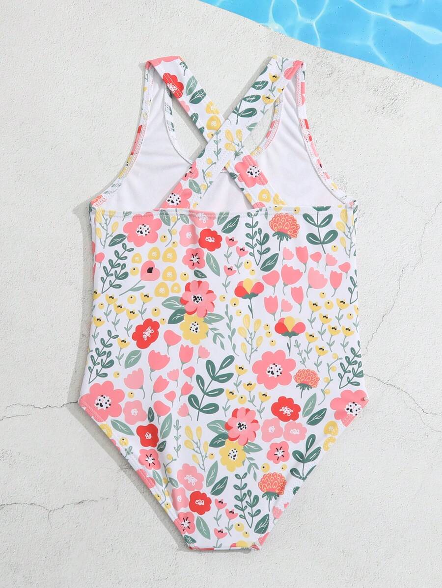 Young Girl Floral Print Criss Cross Backless One Piece Swimsuit Shein Usa