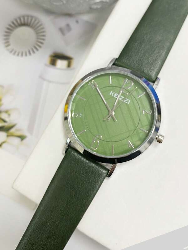 KEZZI 1pc Women Green PU Polyurethane Strap Fashionable Round Dial ...