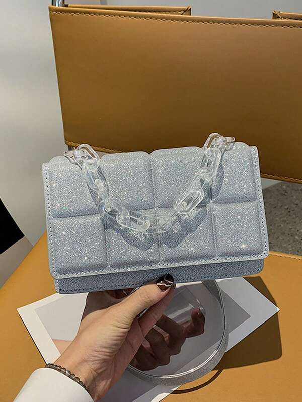 Mini Flap Square Bag Glitter Embossed Detail, Perfect Bride Purse For ...