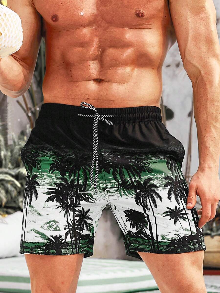 Manfinity Swimmode Men Palm Tree Print Drawstring Waist Swim Trunks ...