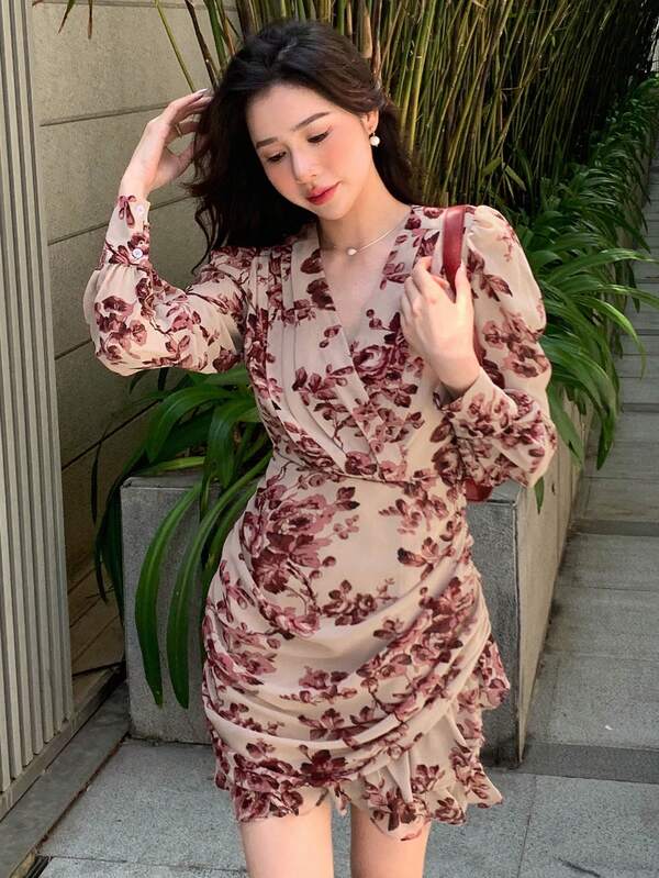 DAZY Allover Floral Print Ruched Ruffle Trim Dress | SHEIN UK
