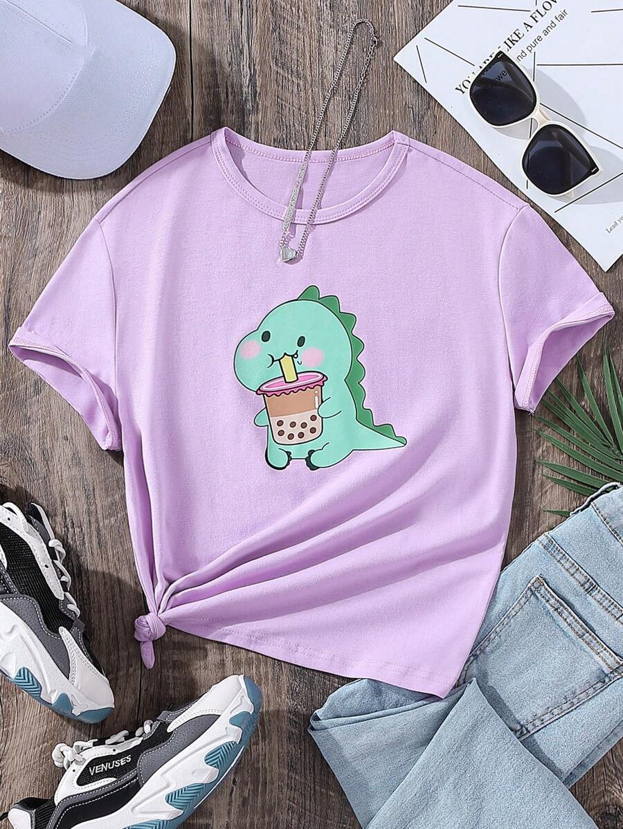 SHEIN Tween Girl Comfortable, Cute, Casual Dinosaur Printed Round Neck ...