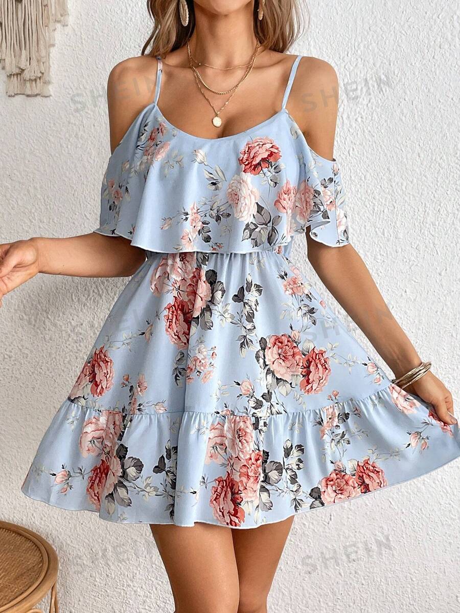 SHEIN Clasi Romantic Flower And Plant Printed Off-The-Shoulder Ruffle ...