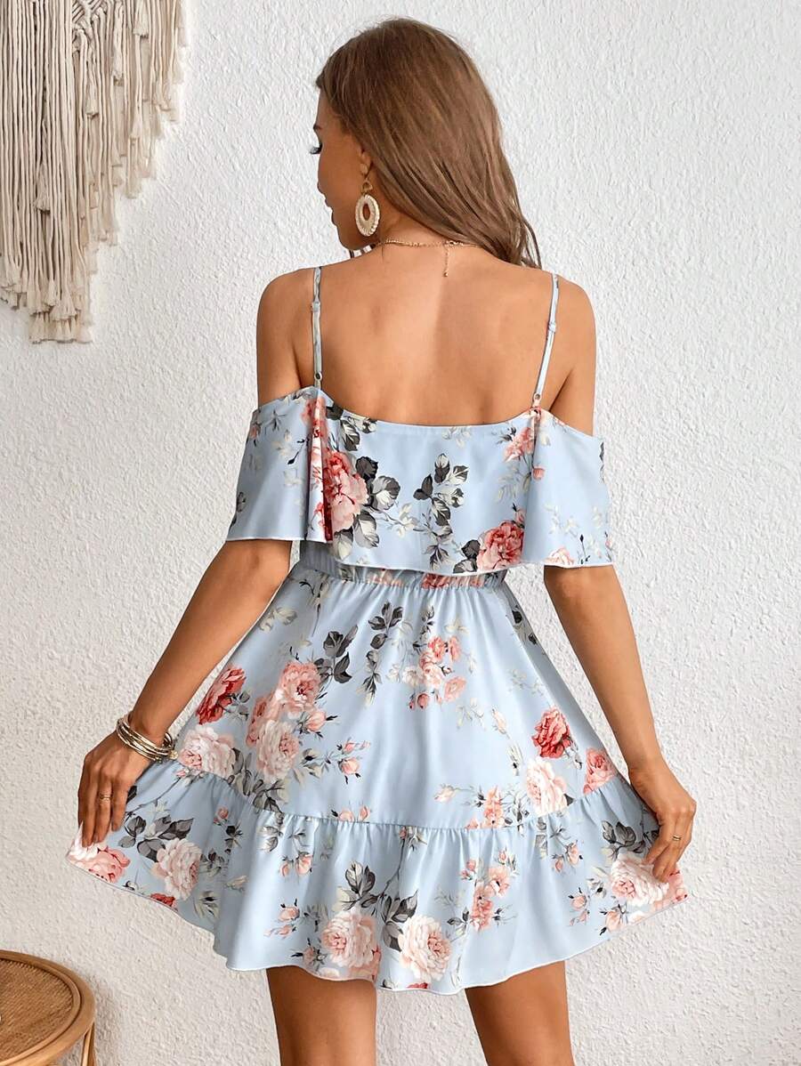 SHEIN Clasi Floral Print Cold Shoulder Ruffle Hem Spring Dress | SHEIN USA