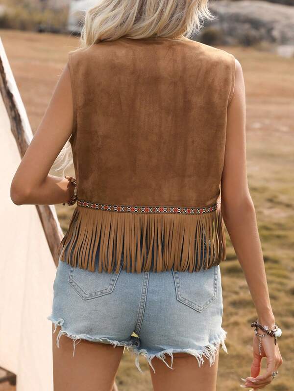 SHEIN VCAY Cazadora chaleco bajo con fleco con parte delantera abierta | Moda de Mujer | SHEIN ...