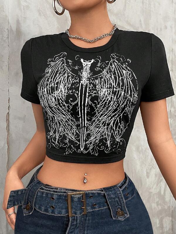 Grunge Wings Print Crop Tee | SHEIN USA