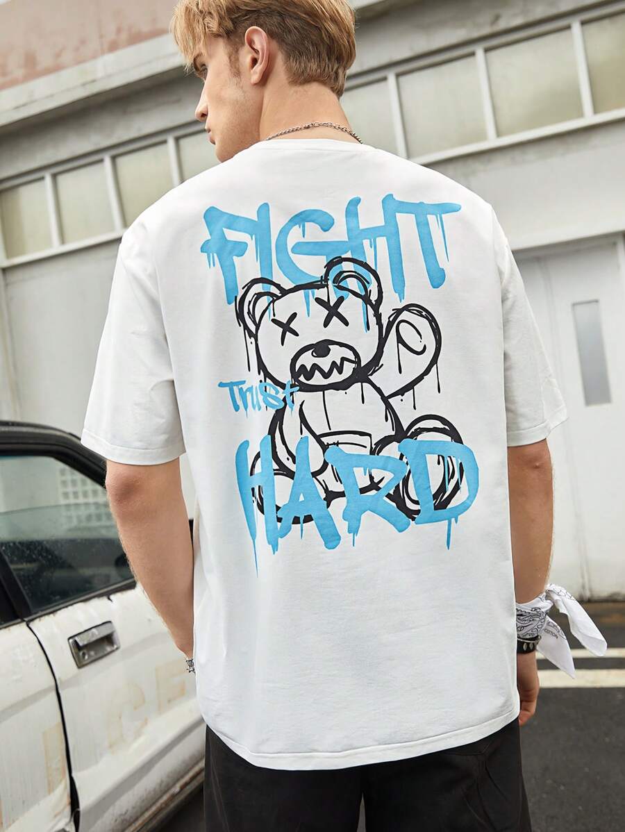 Manfinity RebelGame Oversized Men's Slogan & Bear Print Round Neck T ...