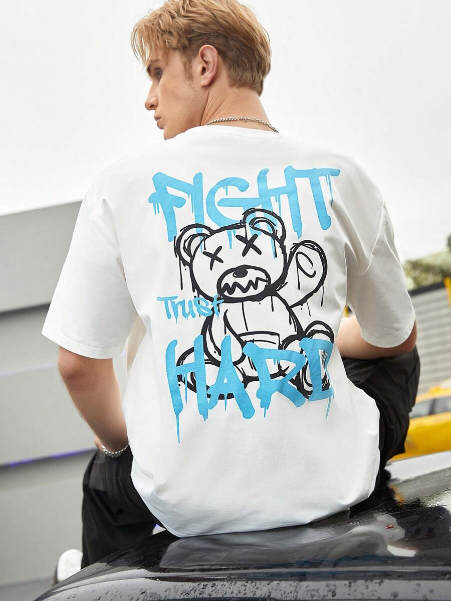 Manfinity RebelGame Oversized Men's Slogan & Bear Print Round Neck T ...