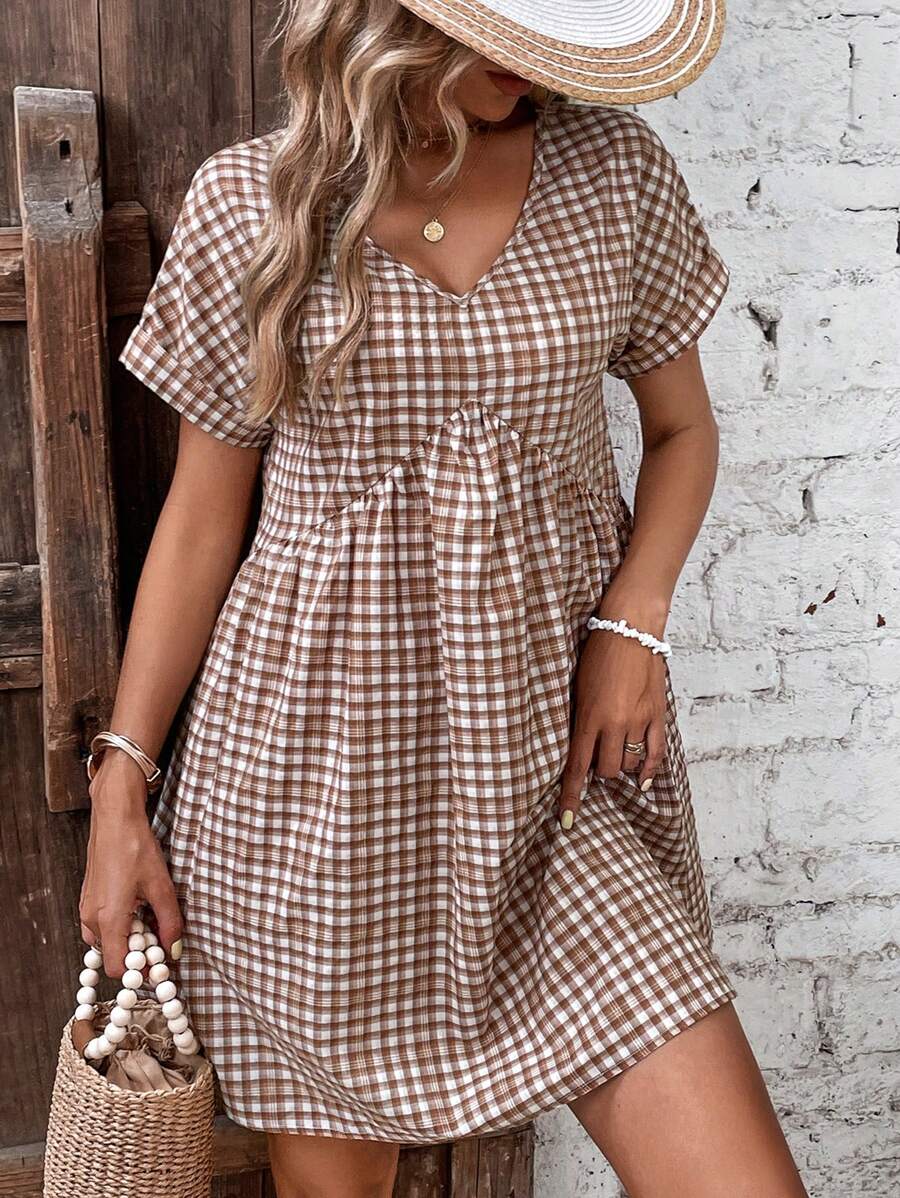 SHEIN Essnce Abito smock con stampa quadri con manica a pipistrello ...