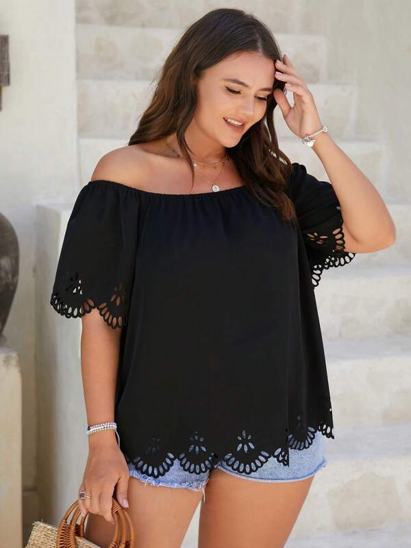 Shein Clasi Plus Off Shoulder Laser Cut Out Scallop Trim Blouse Shein Usa