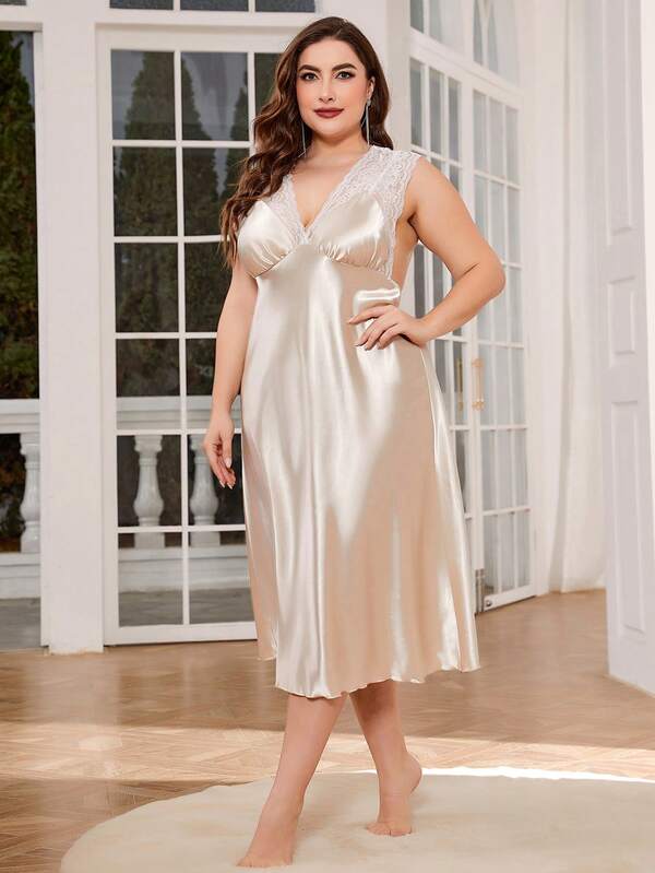 Plus Lace Trim Satin Robe Set | SHEIN USA